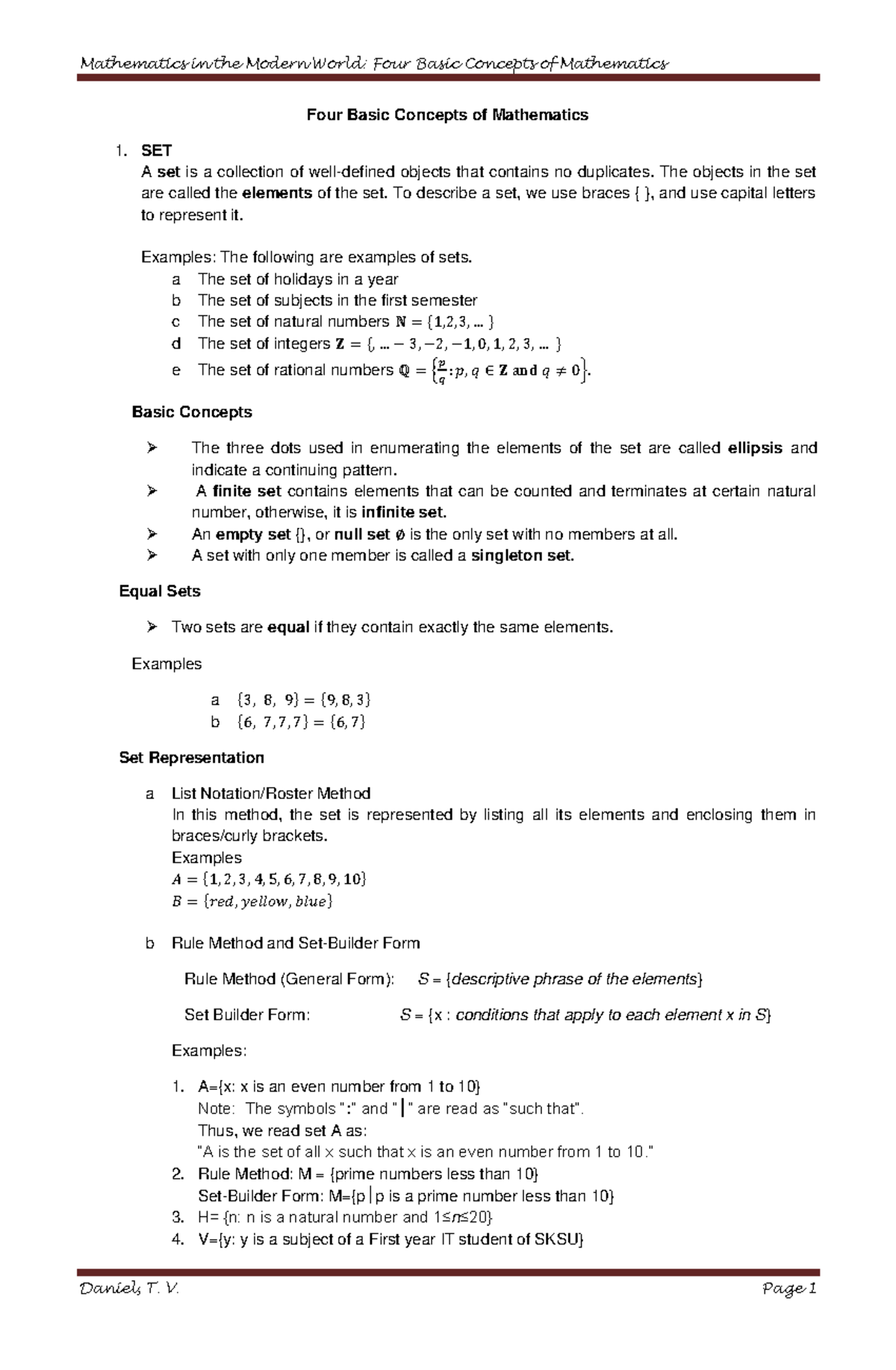 SETS-Activity-1 - sets - Four Basic Concepts of Mathematics SET A set is a collection of - Studocu