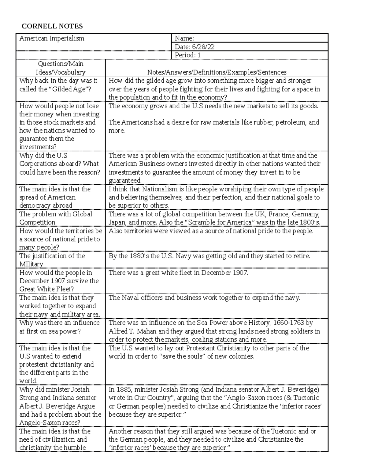 Cornell Notes - Imperialism - CORNELL NOTES American Imperialism Name ...