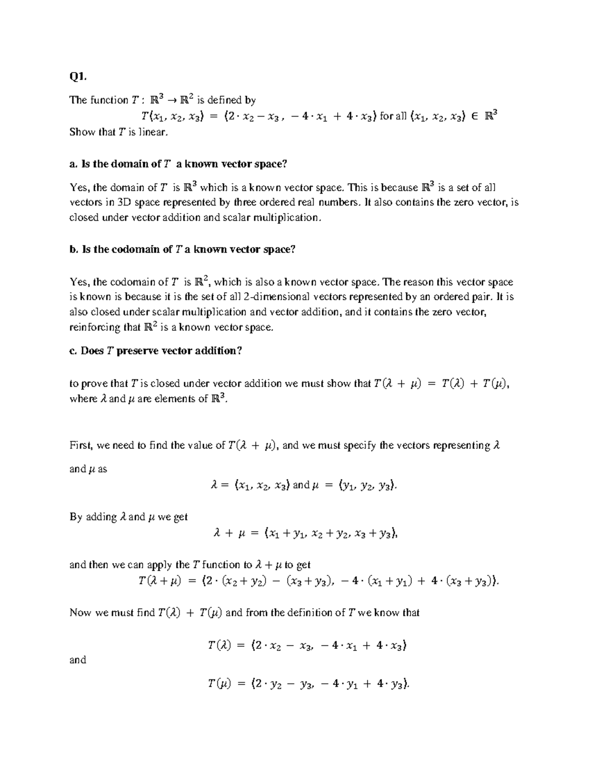 Math1B assigment - Assessment applied maths flavour - Q1. The function 𝑇 : ℝ 3 → ℝ 2 is defined ...
