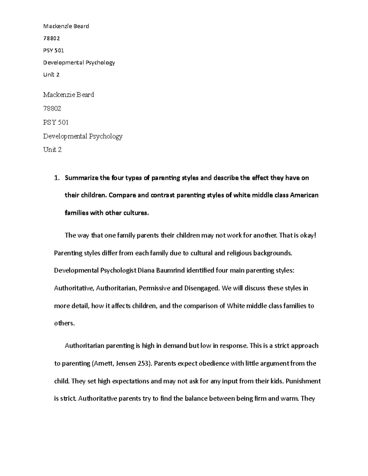 Parenting Styles - 78802 PSY 501 Developmental Psychology Unit 2 ...