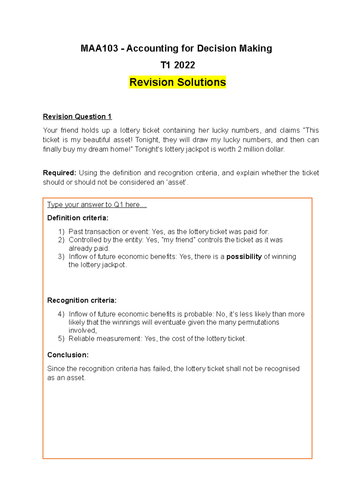 MAA103 T1 2022 Revision Questions Solutions - MAA103 - Accounting for Decision Making T1 2022 ...