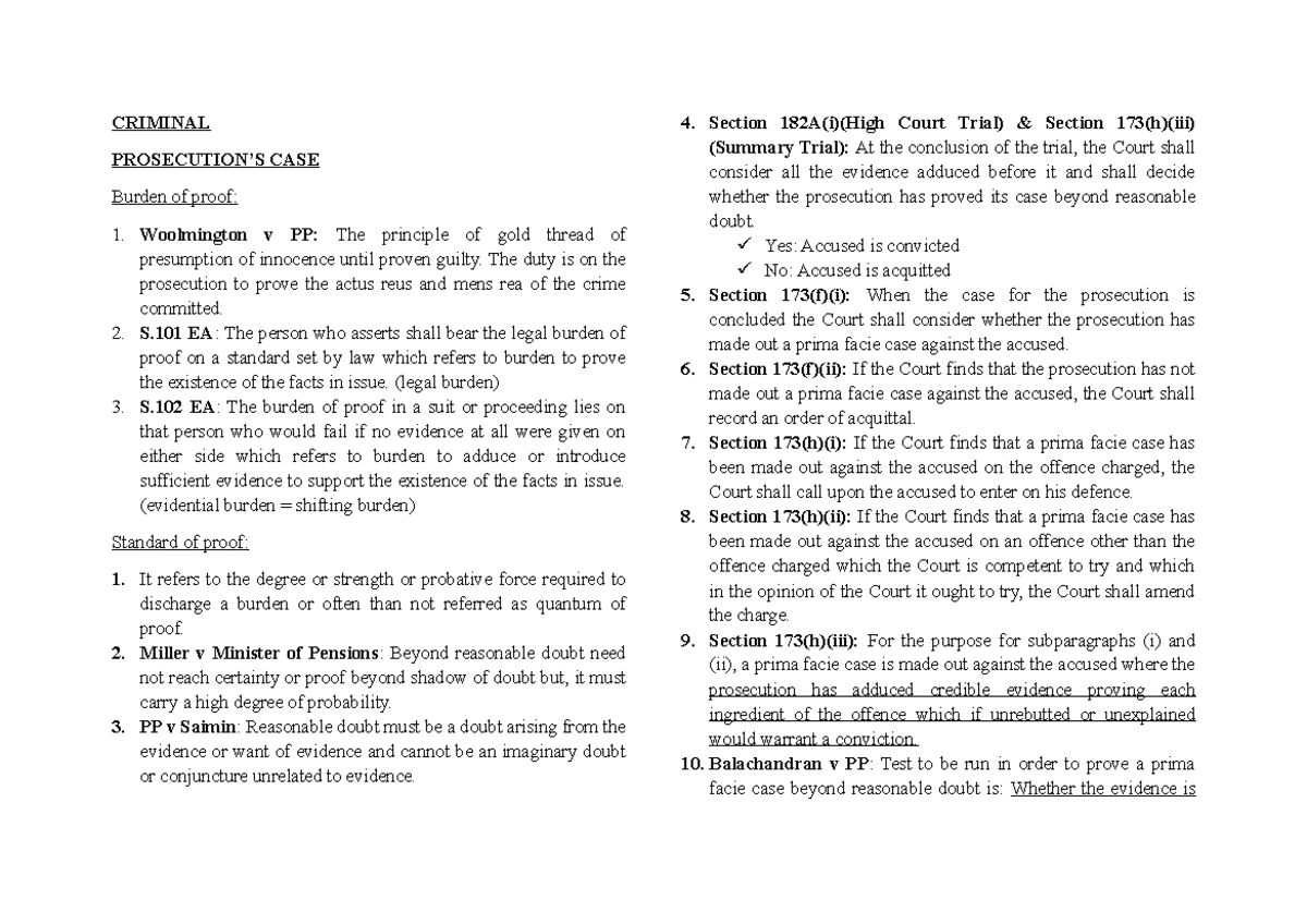 BOP & SOP - CRIMINAL PROSECUTION’S CASE Burden of proof: Woolmington v ...