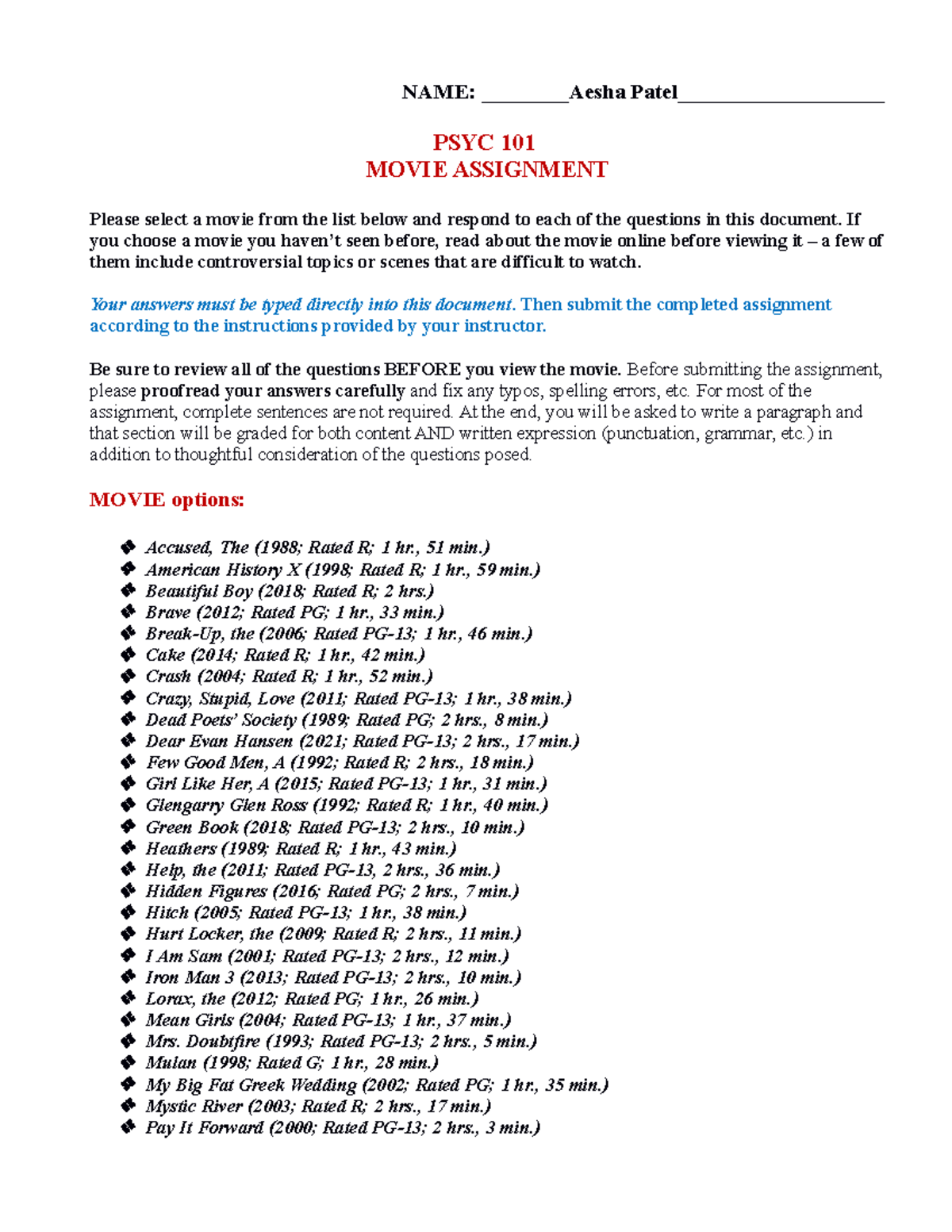 Psyc 101 Movie Assignment Fall 22 - NAME: Aesha Patel___________ PSYC ...
