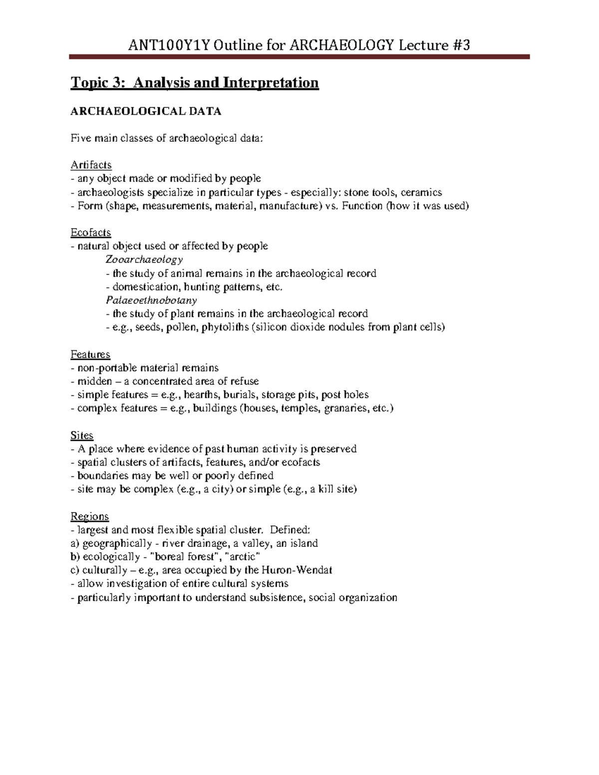 AnthropologyLecture - ANT100Y1Y Outline for ARCHAEOLOGY Lecture #3 ...