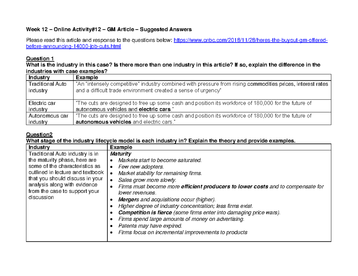 Week 12 Online Activity #12 Suggested Answers - Week 12 – Online Activity#12 – GM Article ...