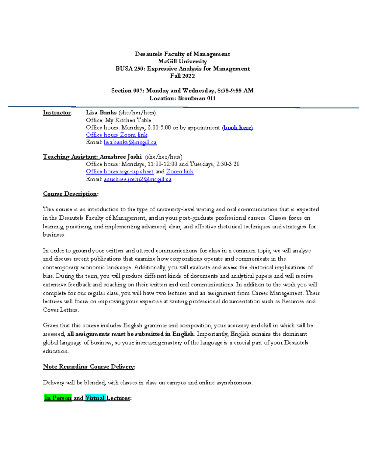 BUSA 250 007 F22 Syllabus - Desautels Faculty of Management McGill ...