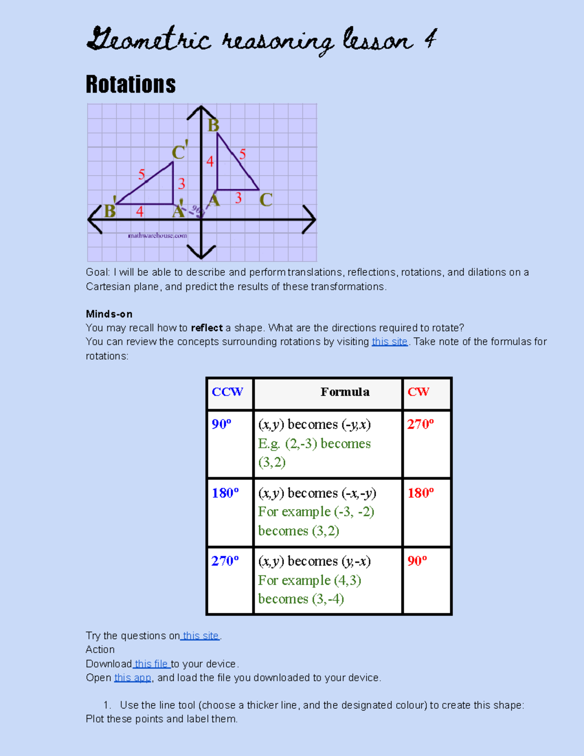 Geometric reasoning lesson 4 - Geometric rsoning leon 4 Rotations Goal ...