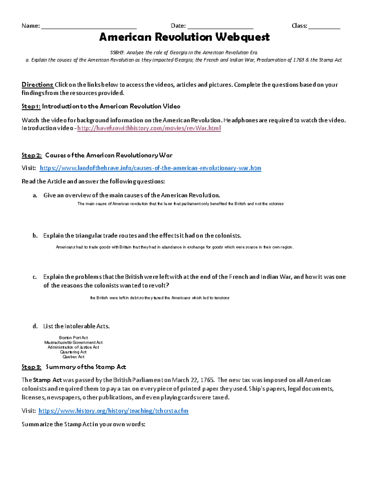 American revolution webquest 8th - Name ...