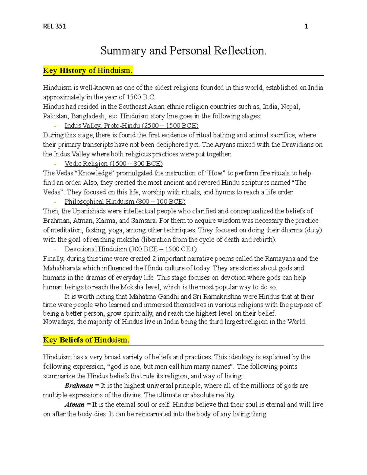Hinduism - Summary and Reflection Paper - Summary and Personal ...