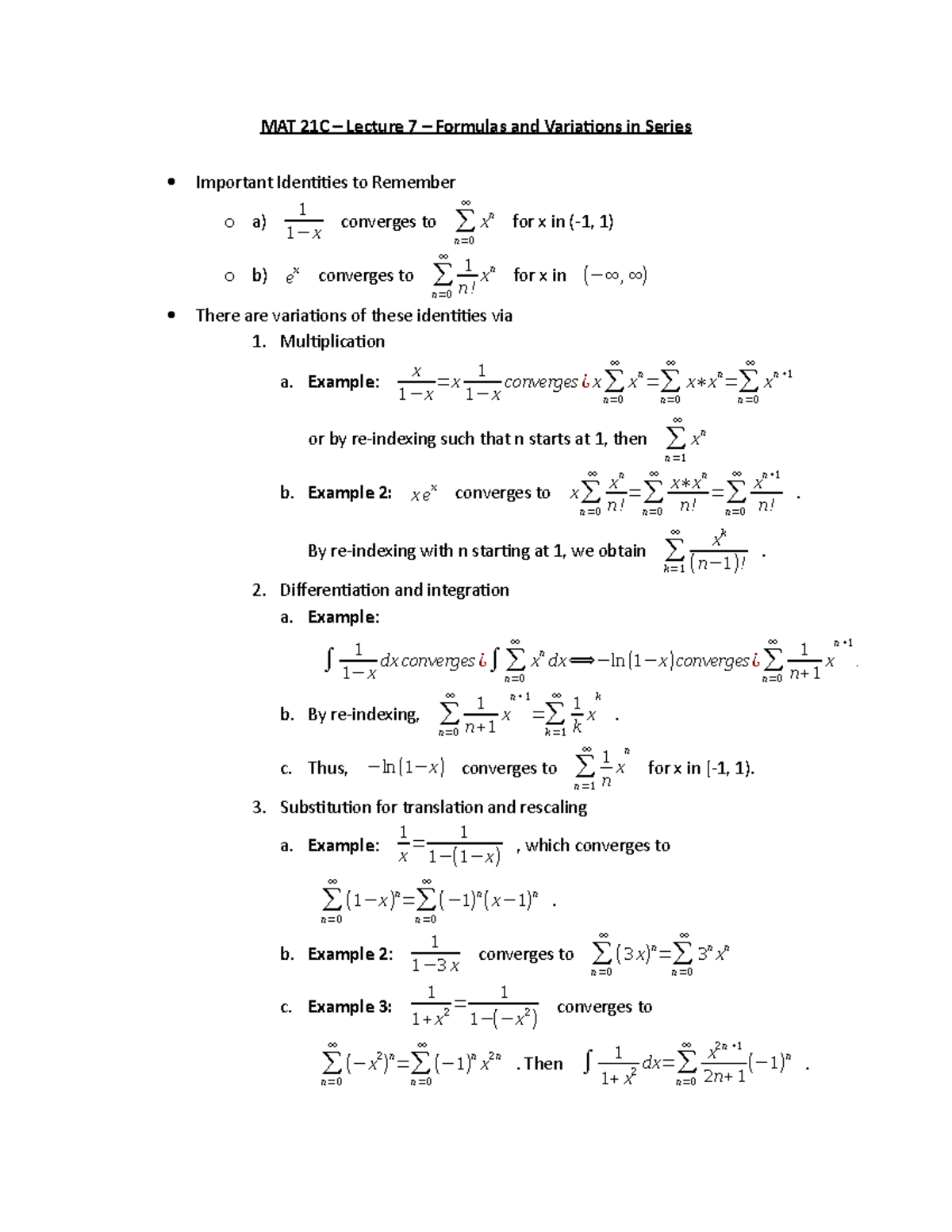 MAT 21C – Lecture 7 – Formulas and Variations in Series - MAT 21C – Lecture 7 – Formulas and ...