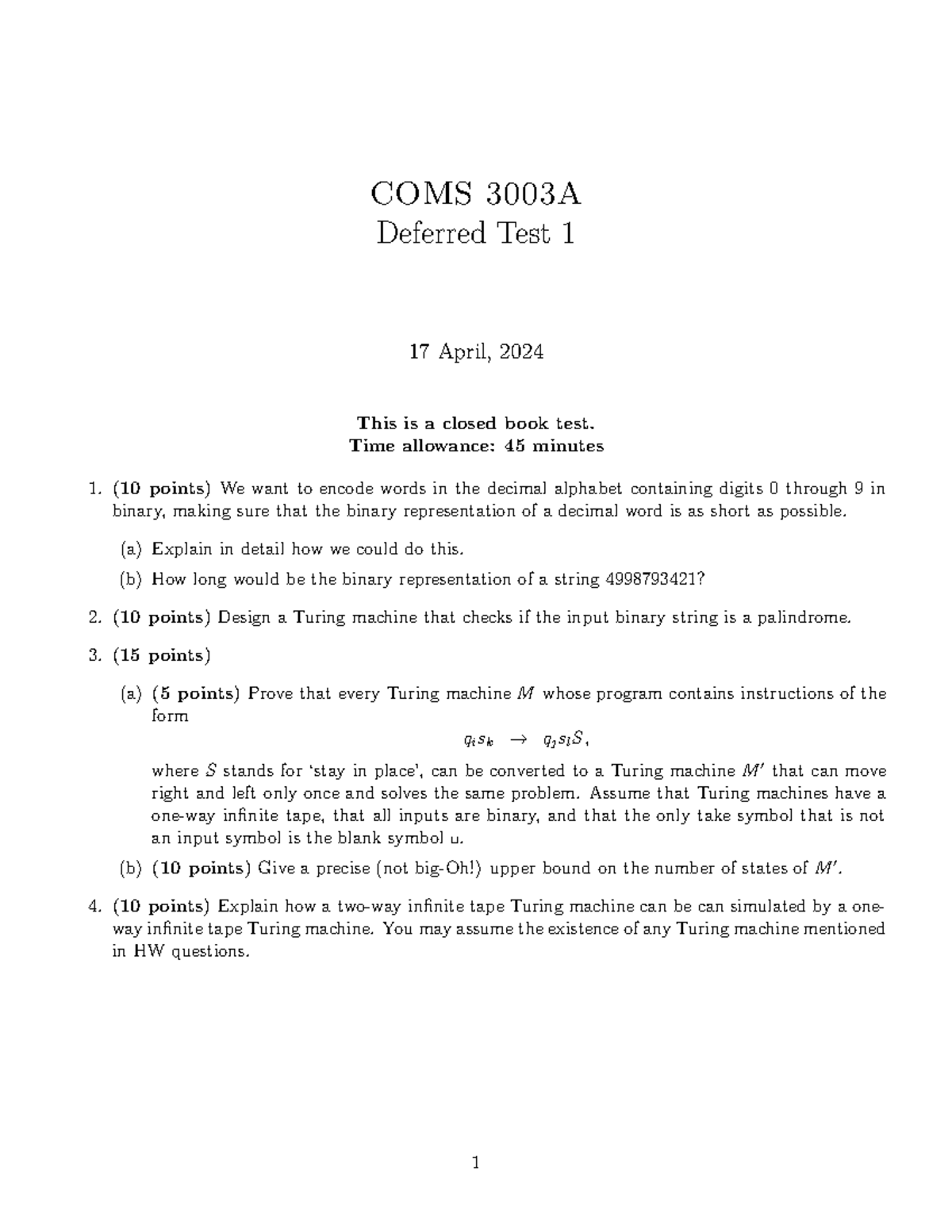 Test01-def - Test - COMS 3003A Deferred Test 1 17 April, 2024 This is a ...