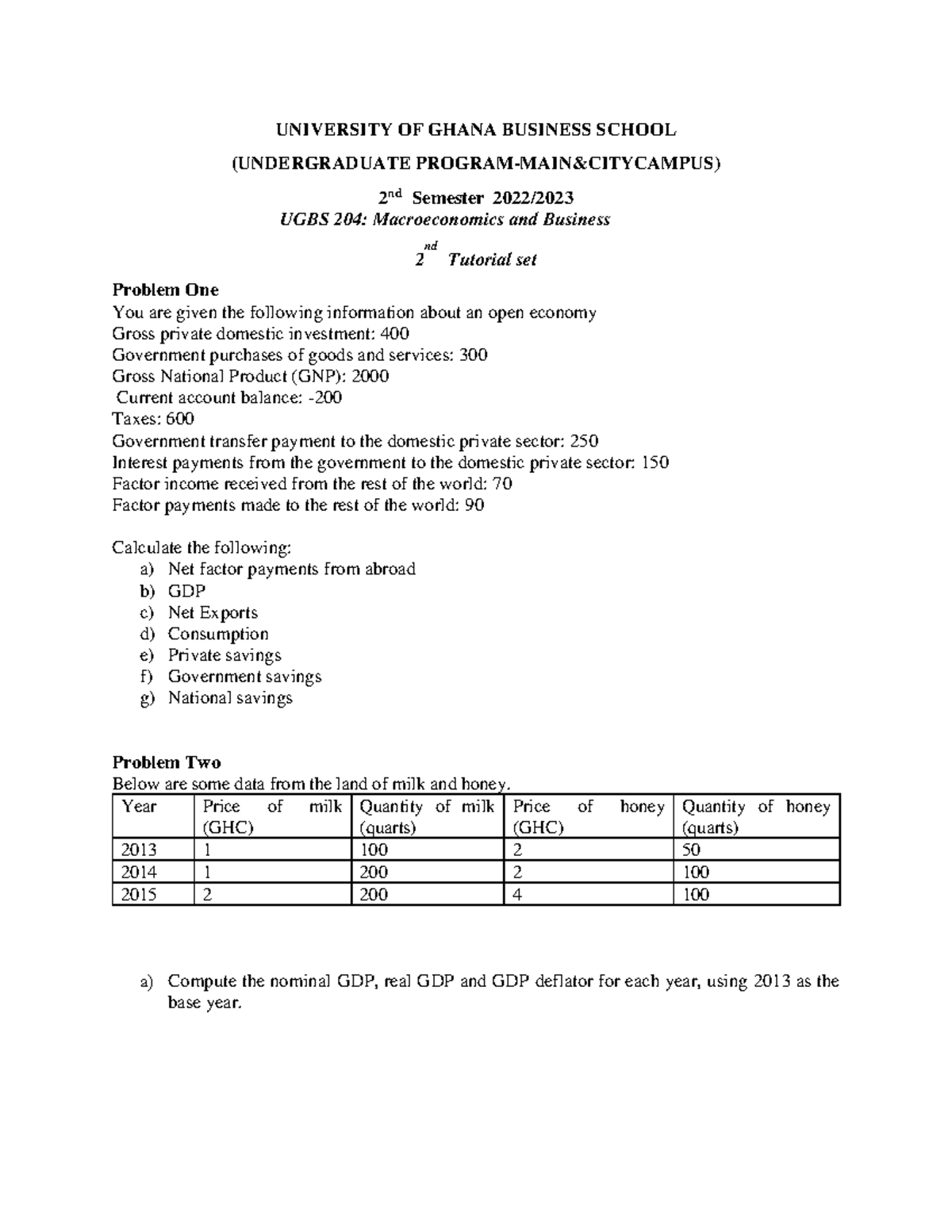 UGBS 204-tutorial set 2 2023 - UNIVERSITY OF GHANA BUSINESS SCHOOL (UNDERGRADUATE - Studocu