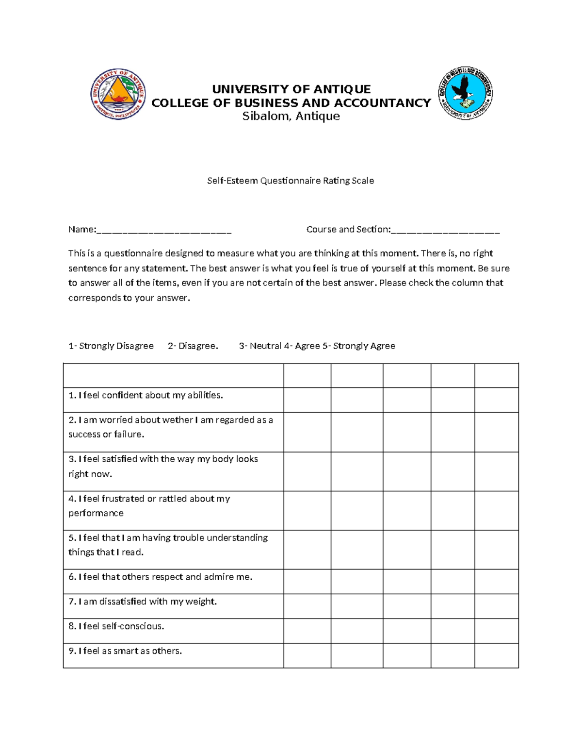 Self-Esteem-Questionnaire - UNIVERSITY OF ANTIQUE COLLEGE OF BUSINESS ...