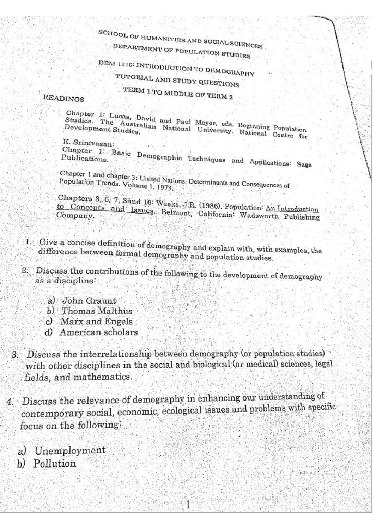 Demo 1110 tutorial and study questions sheet 1 - Development Economics ...