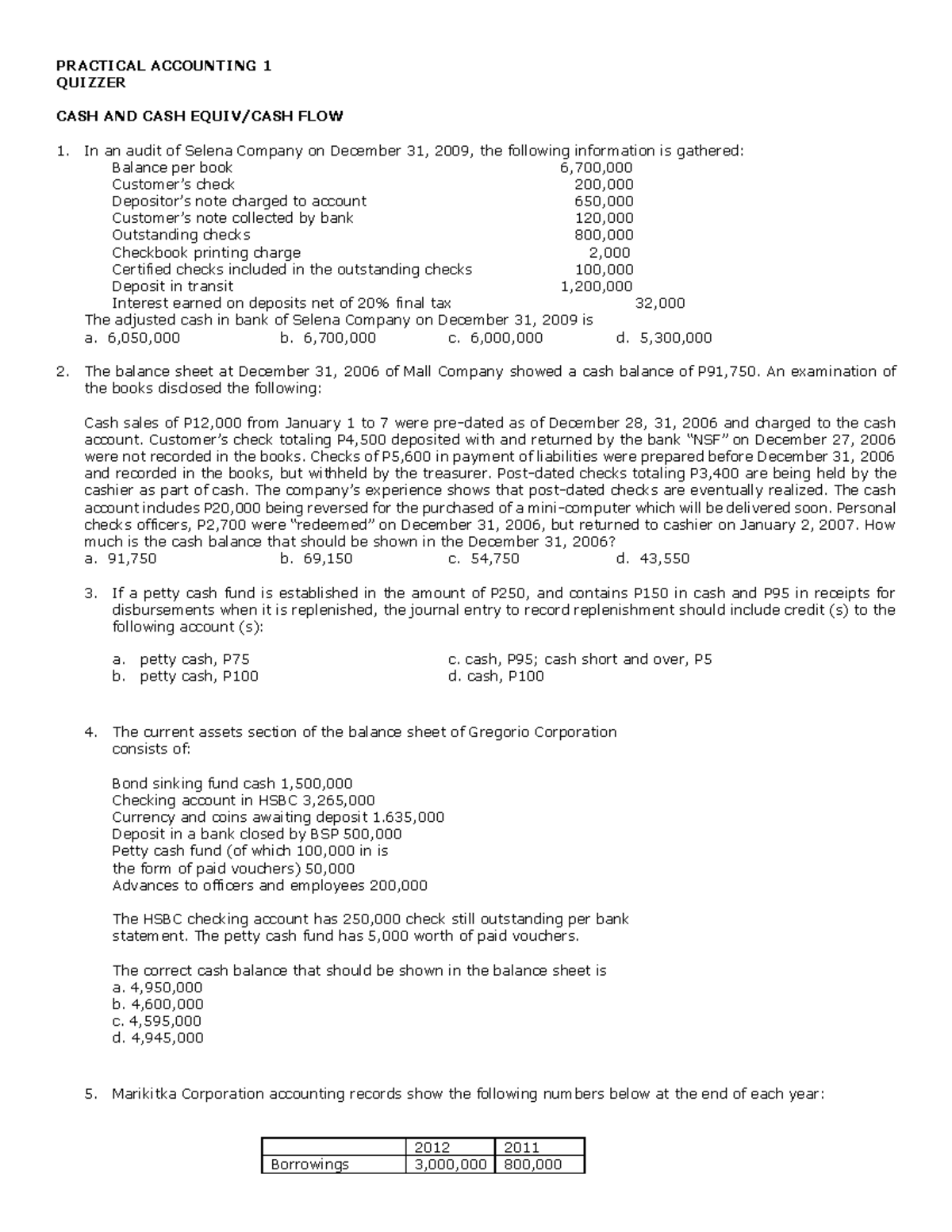 Practical Accounting 1 Quizzer - PRACTICAL ACCOUNTING 1 QUIZZER CASH ...