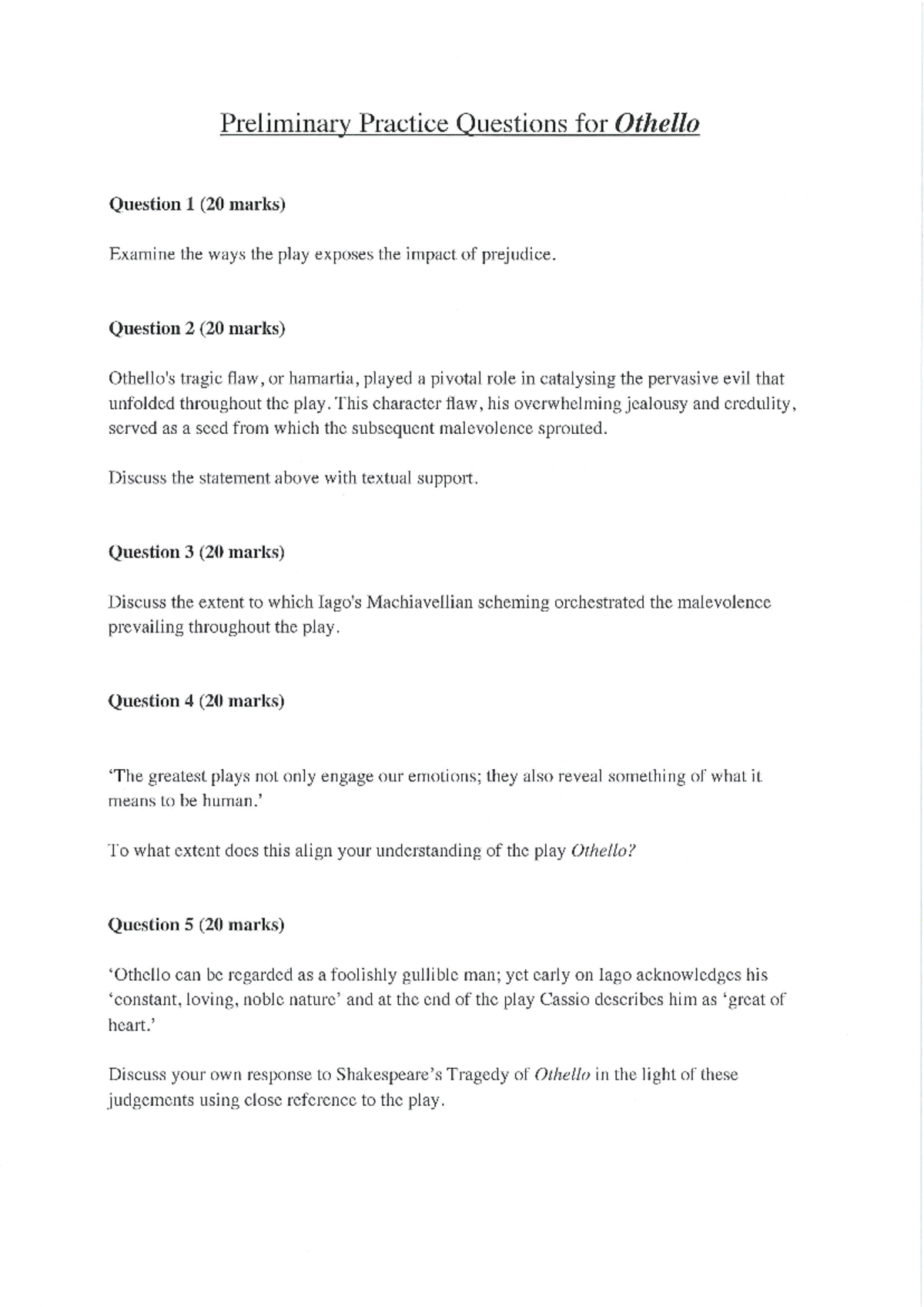 Othello practice questions - Preliminary Practice Questions for Othello ...