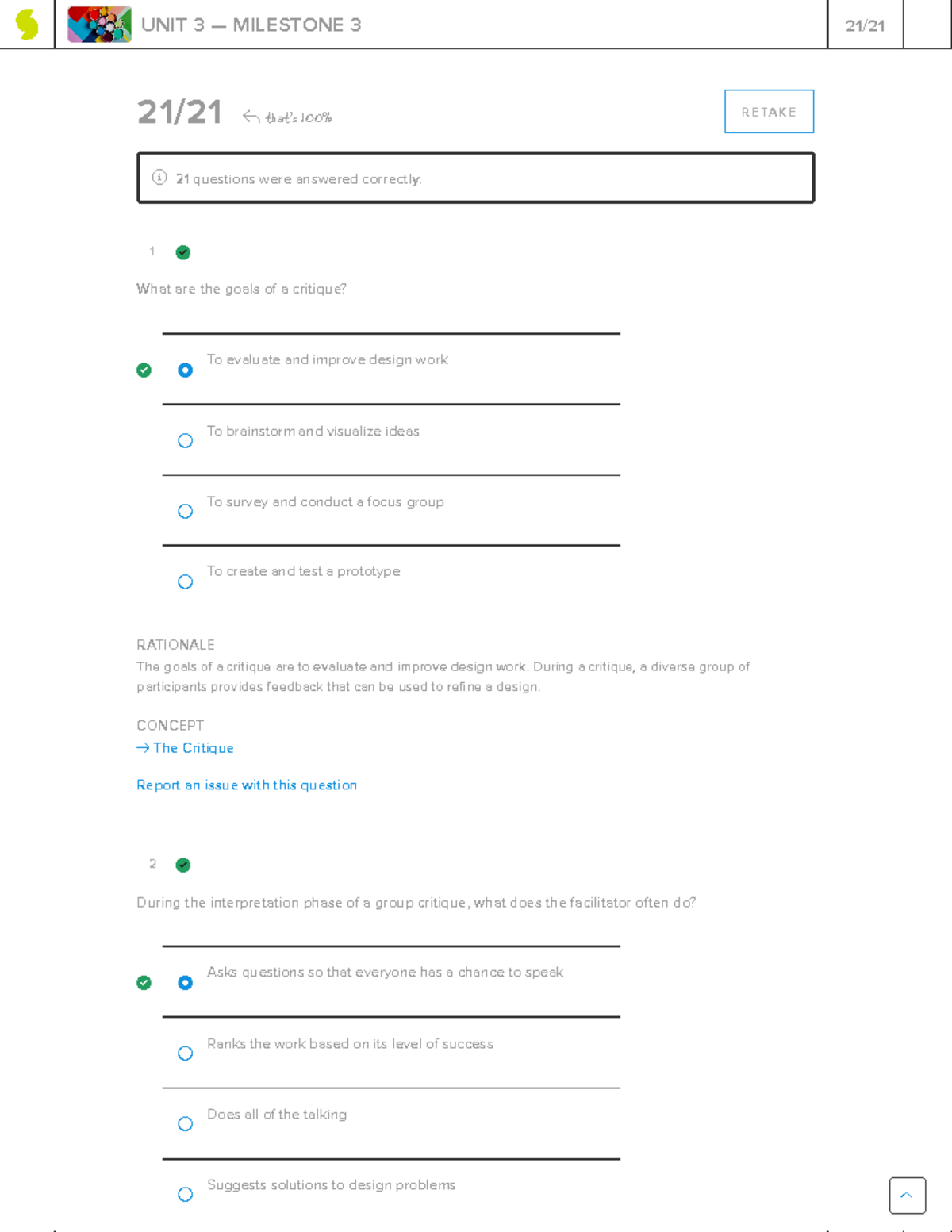 Sophia Milestone 3 - 1 CONCEPT → The Critique 2 21 / 21 that's 100% ...