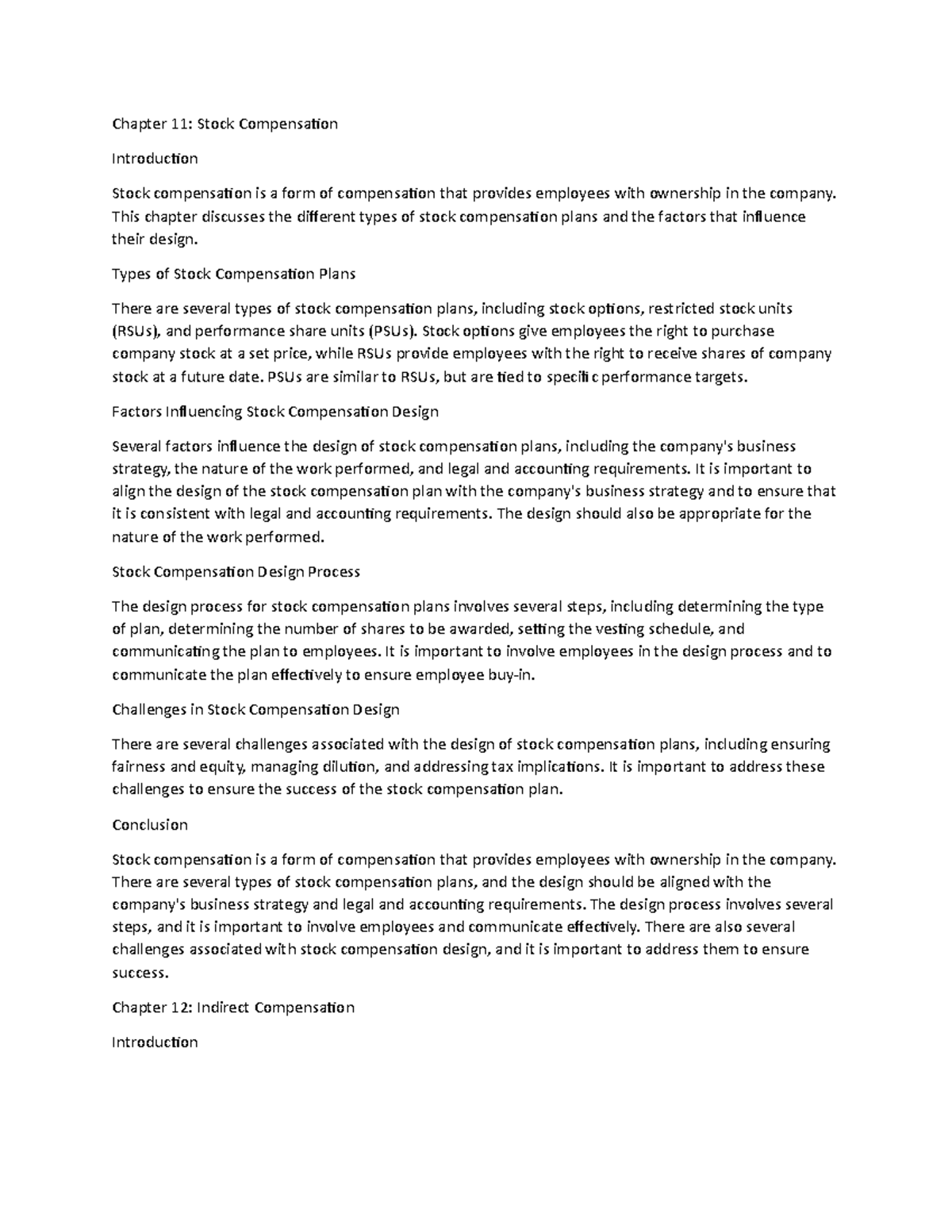 Stock Compensation Indirect Compensation - Chapter 11: Stock ...