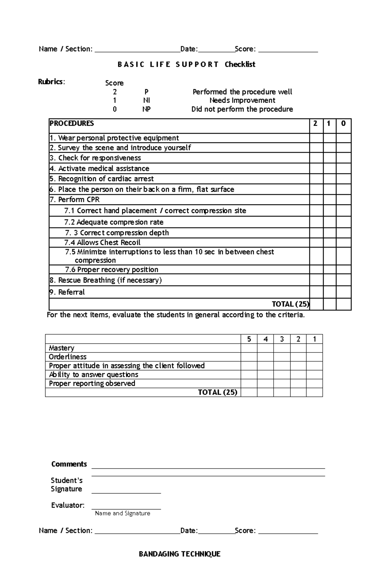 Checklist-Bandaging-and-BLS - Name / Section: Date: Score: B A S I C L ...