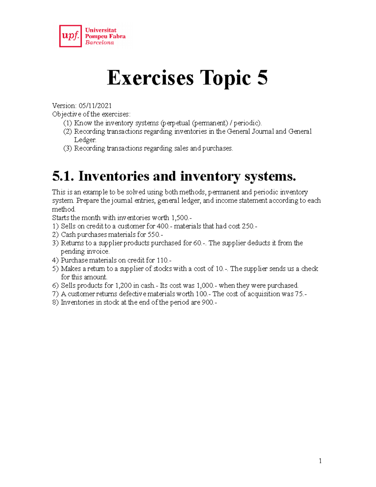 Example Exercises Topic 5 Inventories - Exercises Topic 5 Version: 05 ...