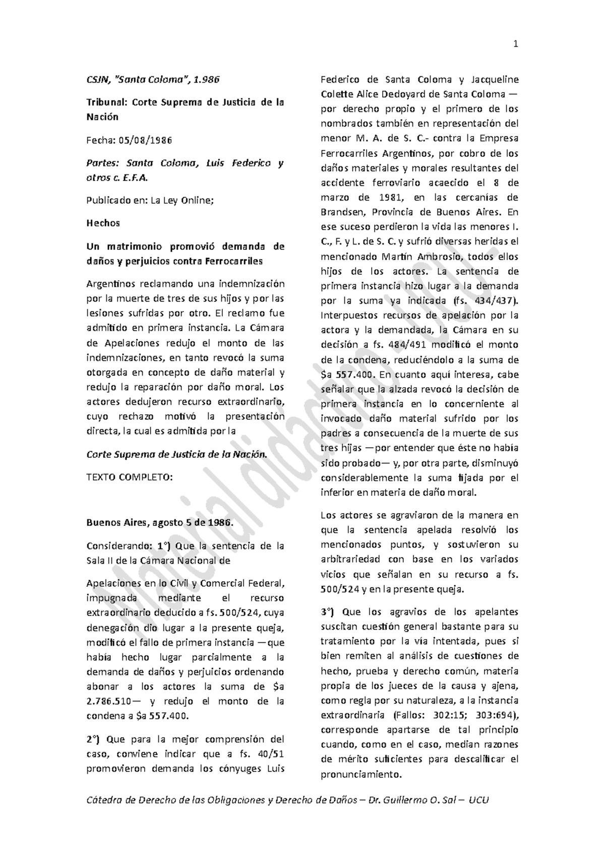 Fallo Santa Coloma - CSJN, "Santa Coloma", 1. Tribunal: Corte Suprema ...