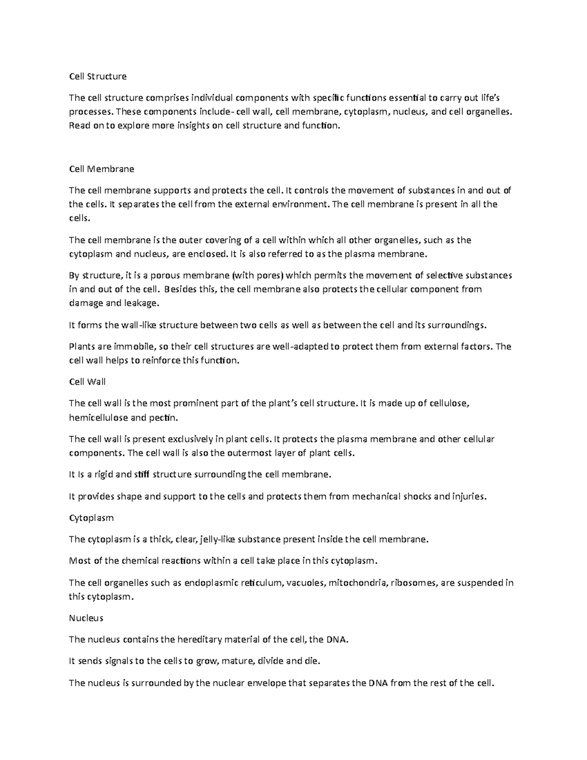 Studoc 4 - Cell biology - Cell Structure The cell structure comprises ...