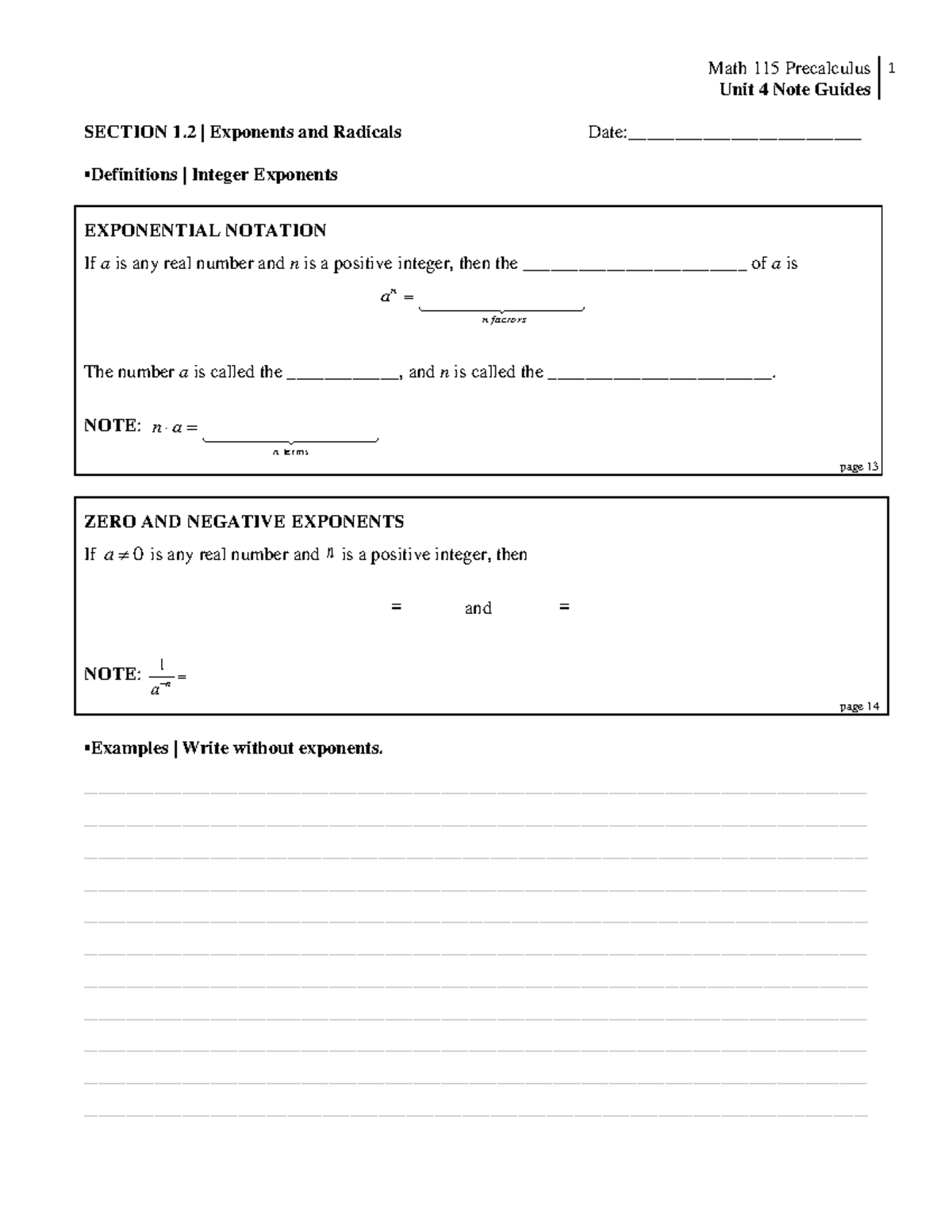 Unit 4 Note Guides 2 Math 115 Precalculus Unit 4 Note Guides Section 1 Exponents And