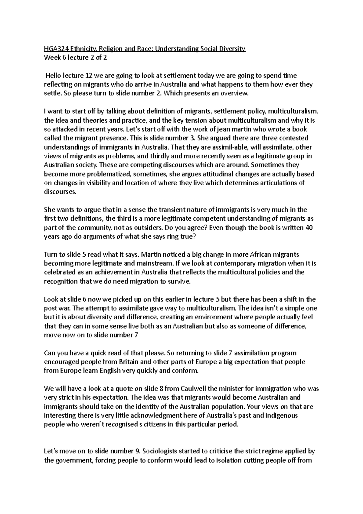 HGA324 Week 6 2 - Lecture transcript - HGA324 Ethnicity, Religion and ...