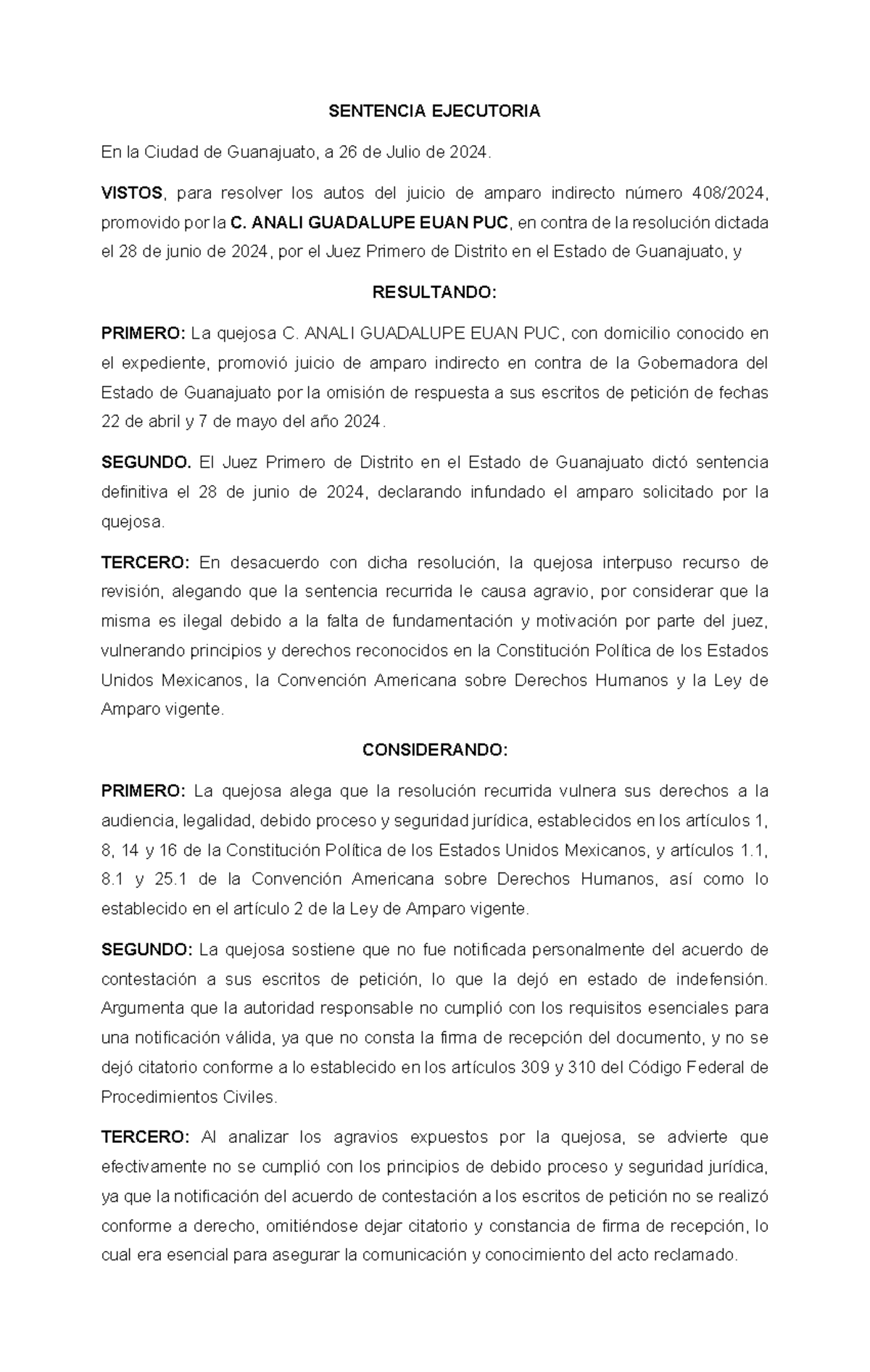 Sentencia Ejecutoria - AMPARO - SENTENCIA EJECUTORIA En la Ciudad de Guanajuato, a 26 de Julio ...