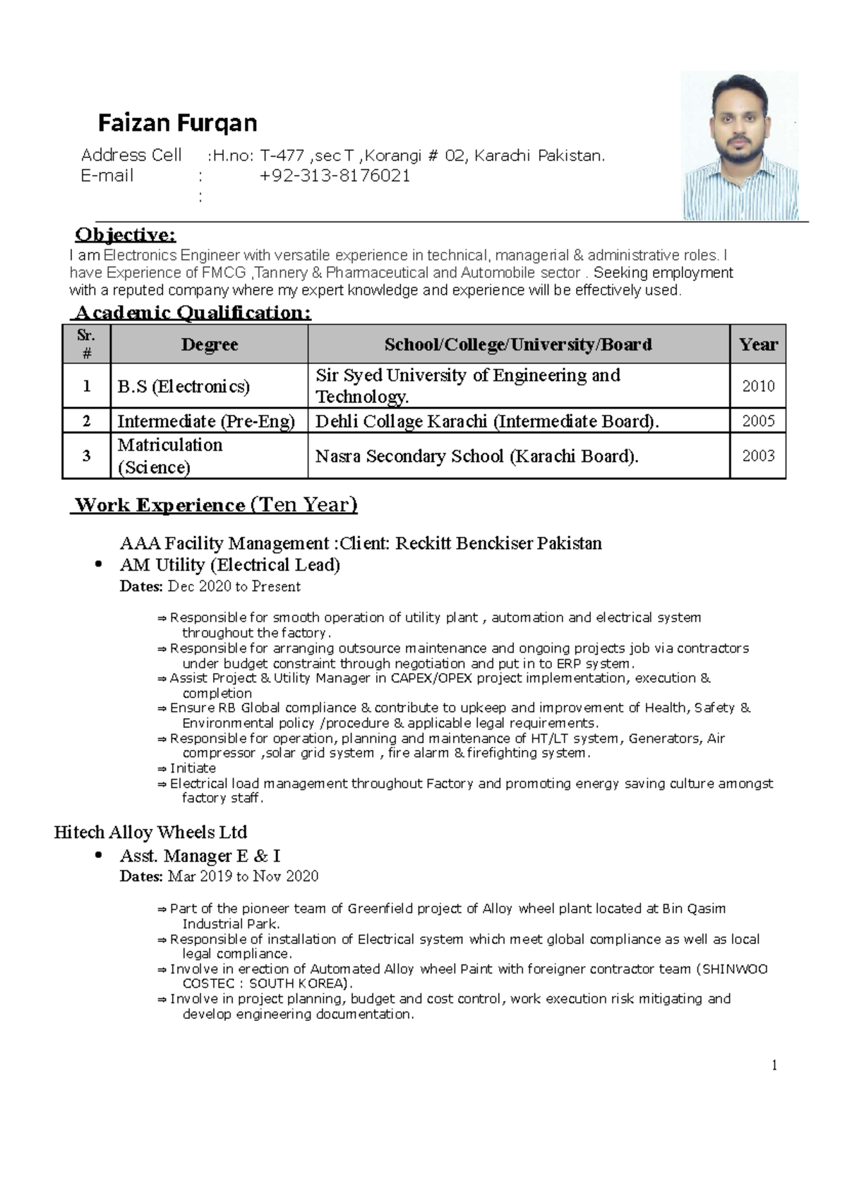 Engr Faizan Furqan CV-E&I updated-converted - 1 Faizan Furqan Address Cell E-mail :H: T-477 ,sec ...