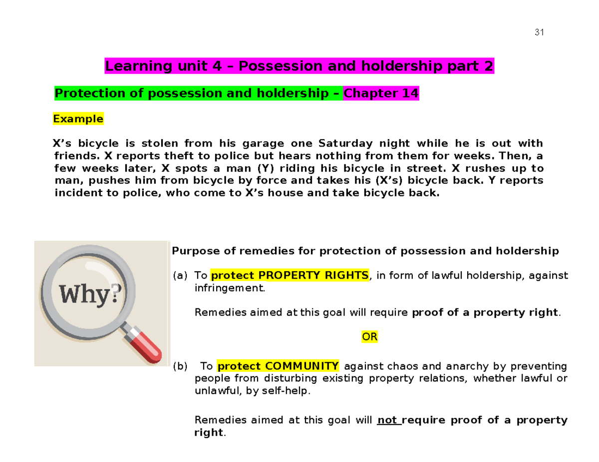 LAPR 7311 - Learning unit 4 - part 2 - Learning unit 4 – Possession and holdership part 2 ...
