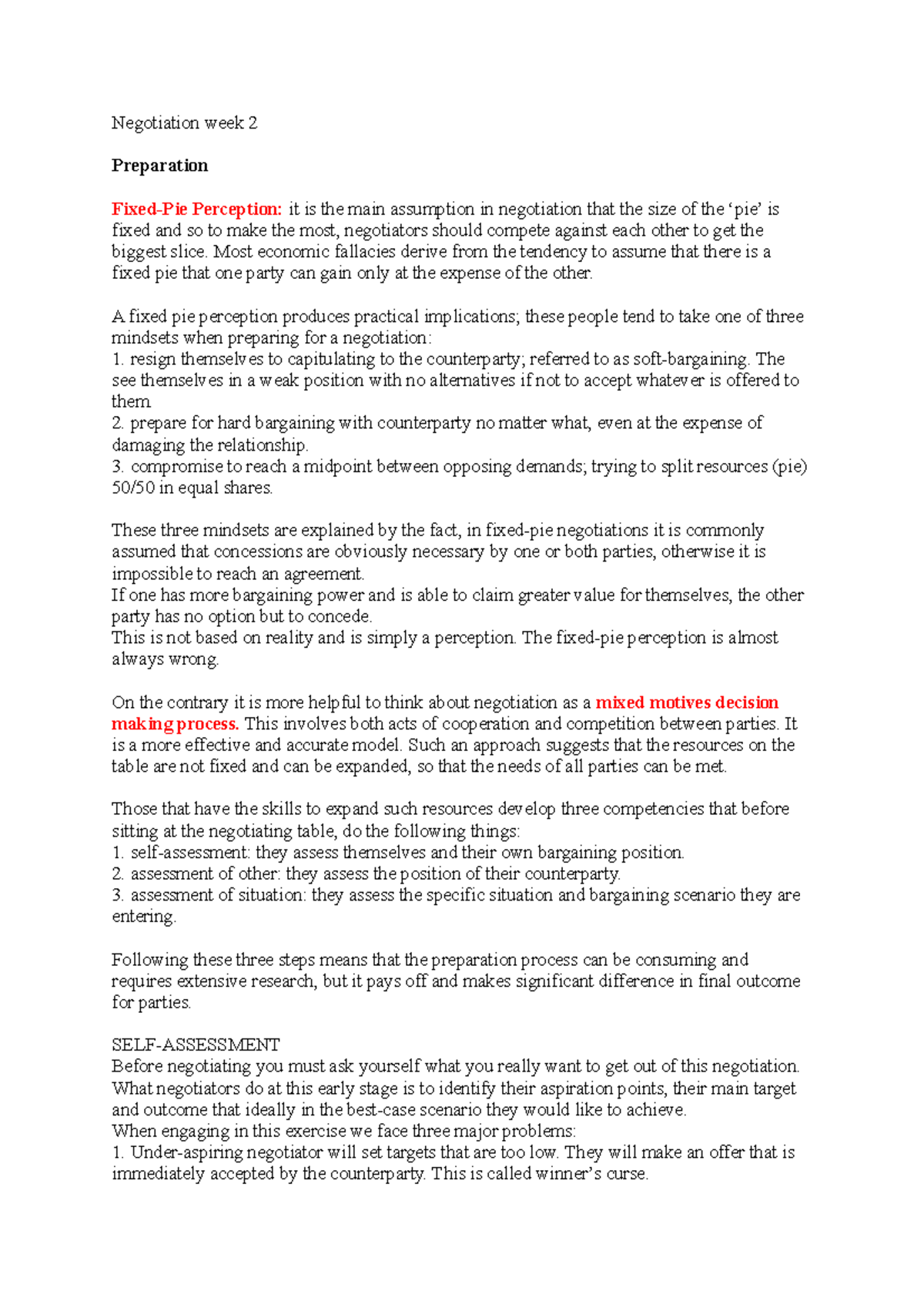 Preparation for Negotiation - Negotiation week 2 Preparation Fixed-Pie ...