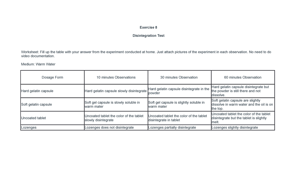 Worksheet 4 Disintegration Test - Exercise 8 Disintegration Test ...