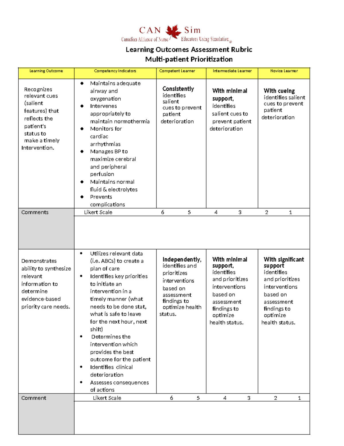 Multipatient Prioritization Self-Assessment Rubric - Learning Outcomes ...