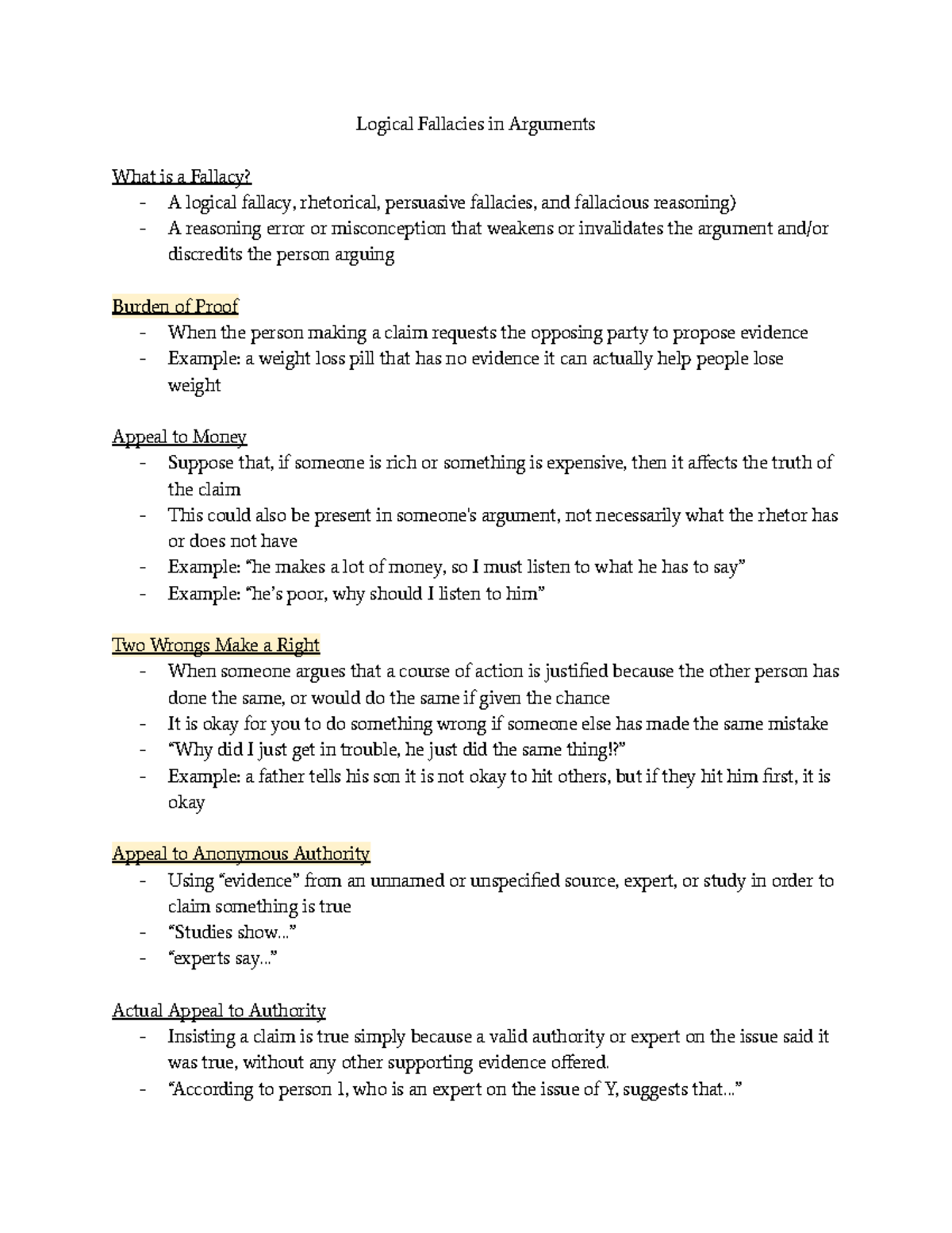 Logical Fallacies in Arguments - ..” - “experts say...” Actual Appeal ...