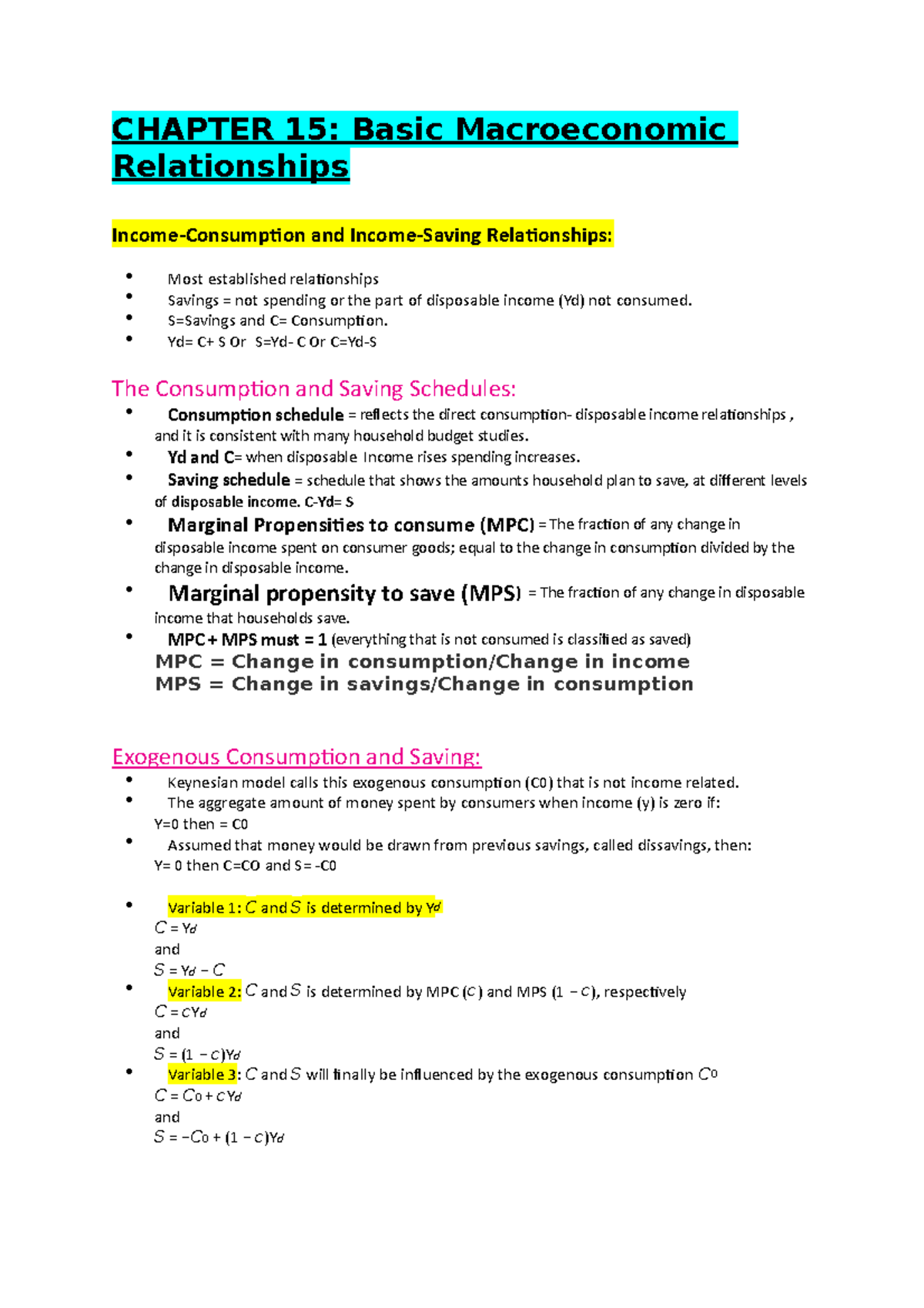 Chapter 15 - Economics - CHAPTER 15: Basic Macroeconomic Relationships Income-Consumption and ...