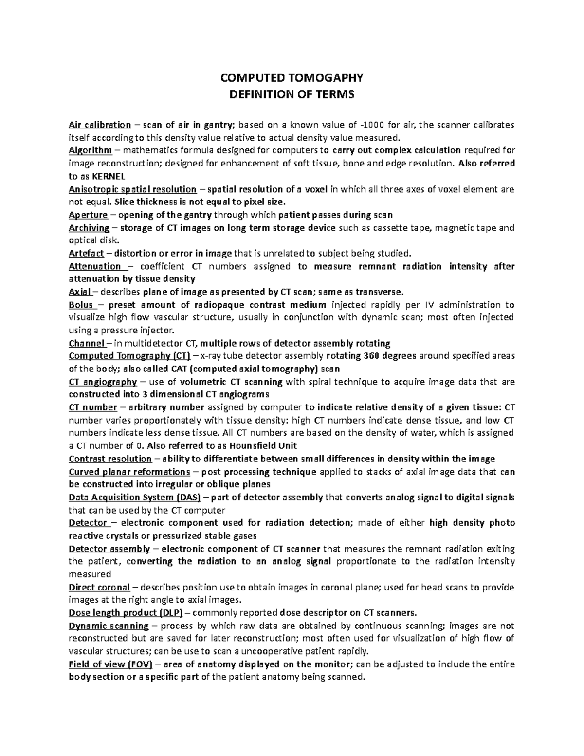 Terms - CT SCAN - Reviewer - COMPUTED TOMOGAPHY DEFINITION OF TERMS Air ...