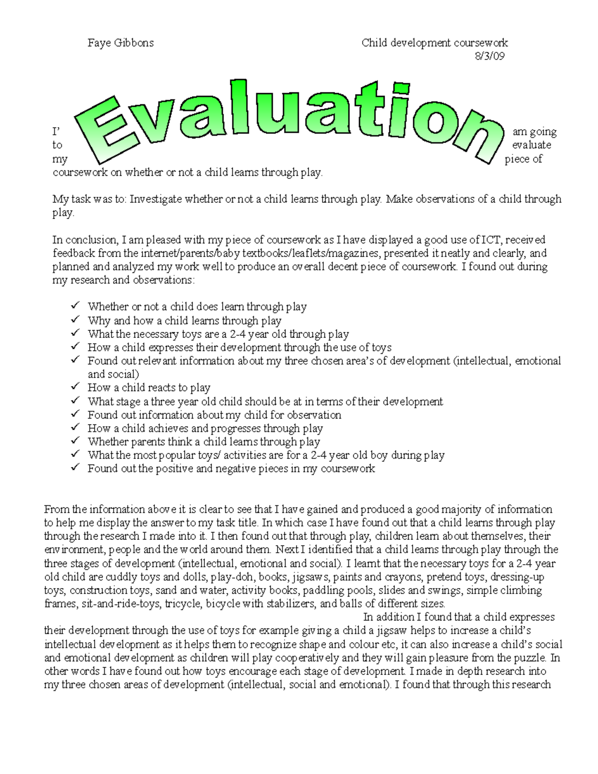 Evaluation does a child learn through play - 8/3/ I’ am going to ...