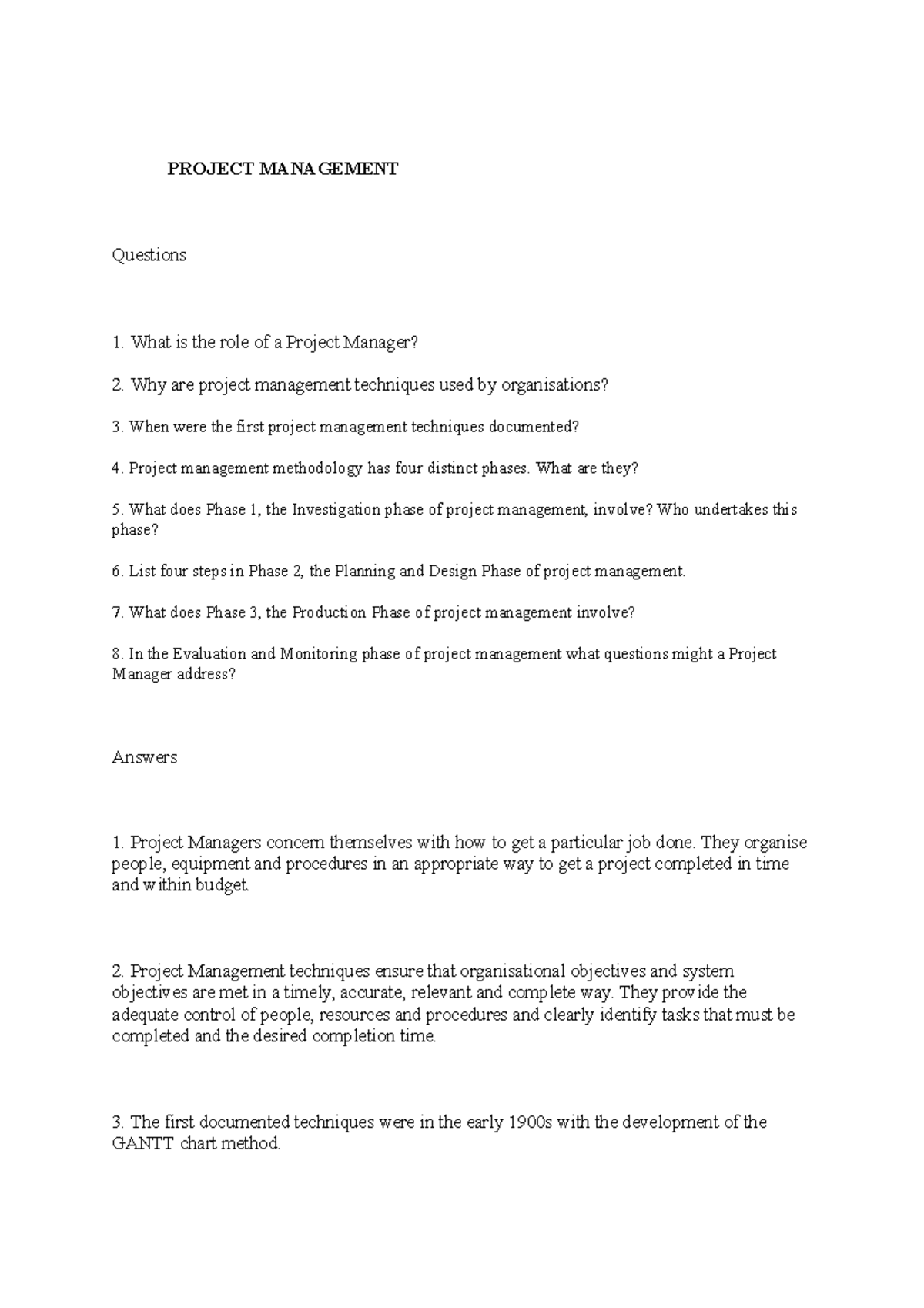 Project Management - Final exam revision questions - PROJECT MANAGEMENT ...