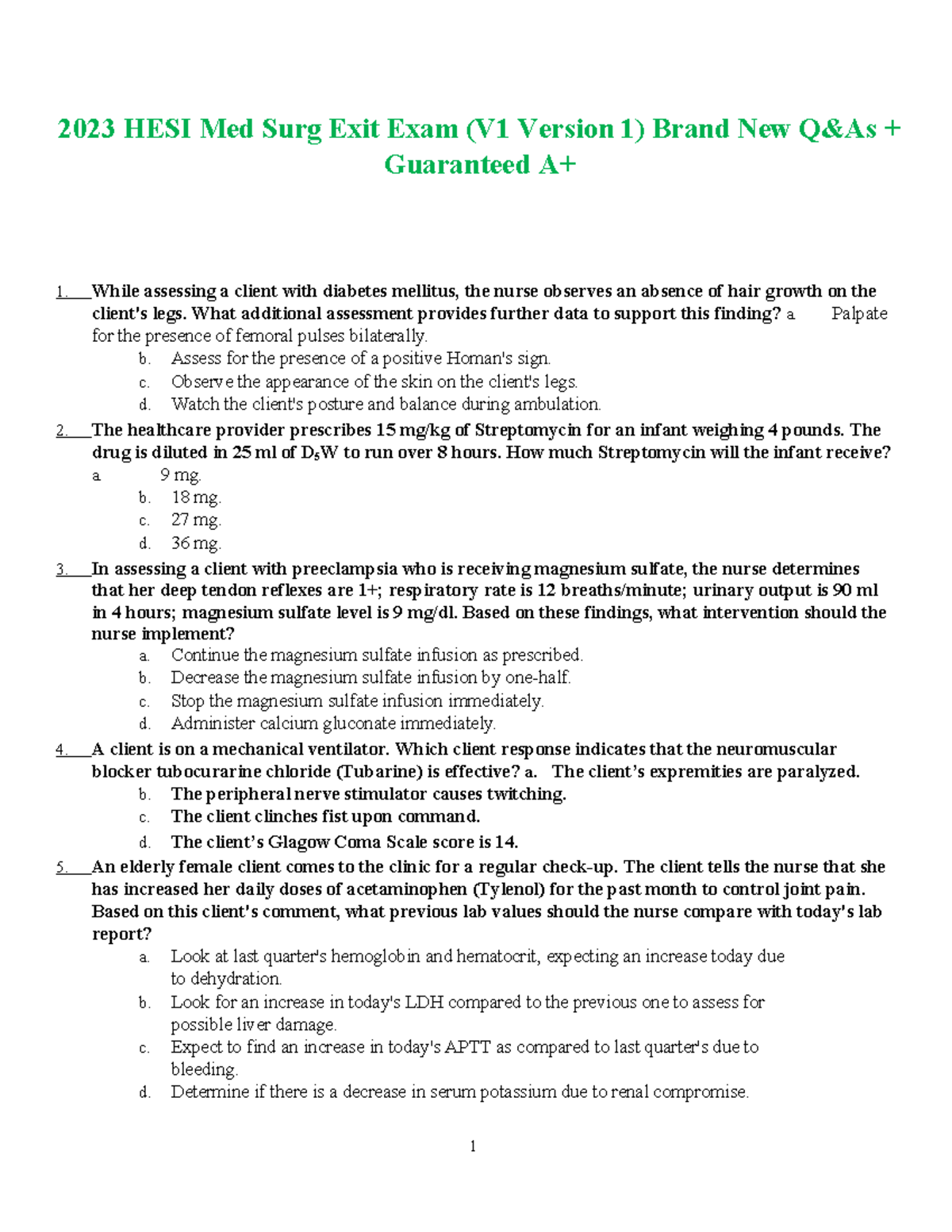 2022 HESI Med Surg Exit Exam V1 Version 1 Brand New Q As Guaranteed A .pdf - Copy - 2023 HESI ...