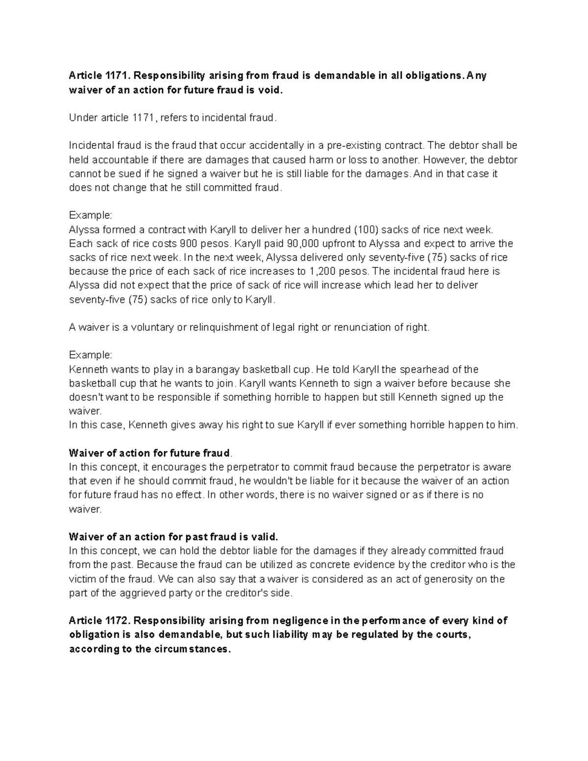 Article 1171 and 1172 discussion - Article 1171. Responsibility arising ...