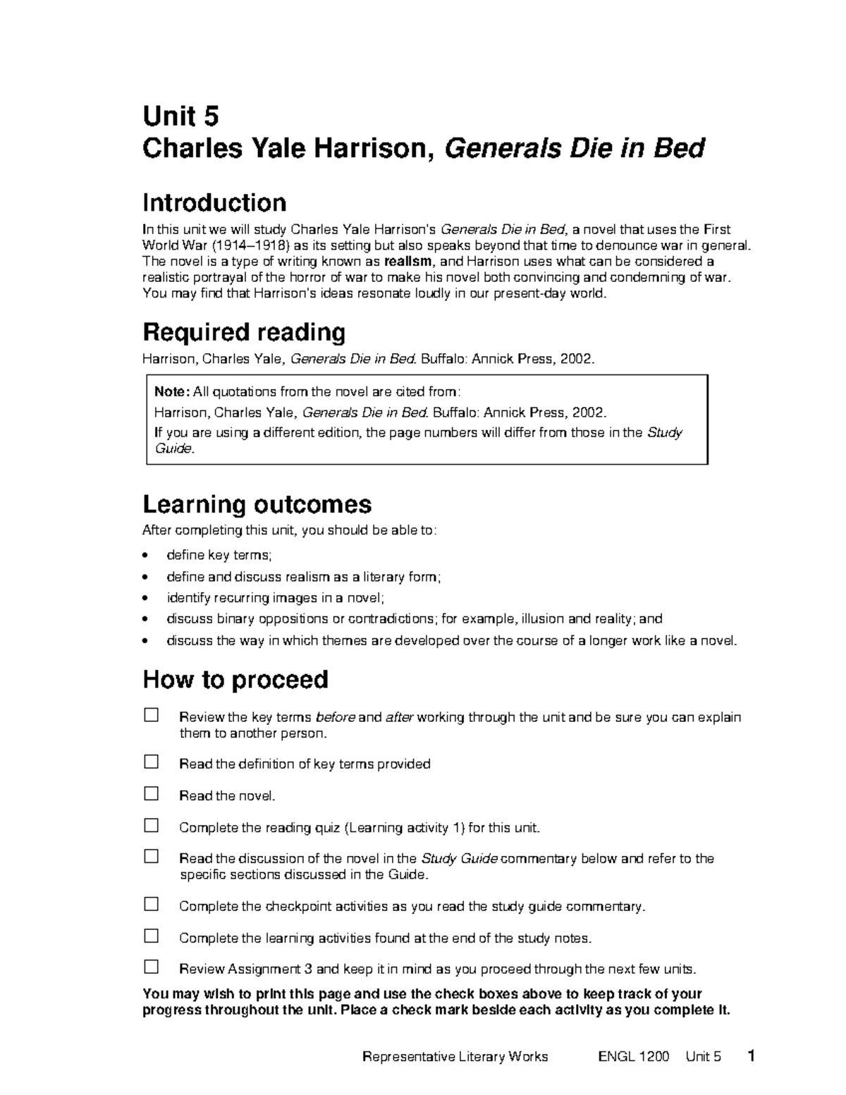 Unit5 - Lecture notes 5 - Unit 5 Charles Yale Harrison, Generals Die in ...