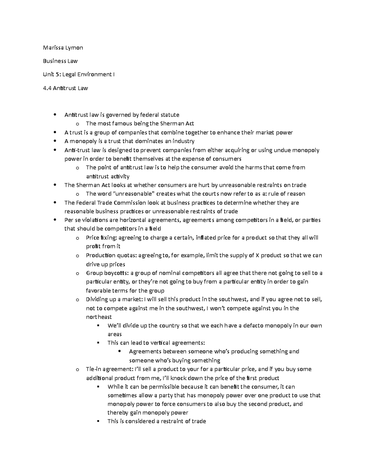 4.4 Antitrust Law - Marissa Lymon Business Law Unit 5: Legal ...