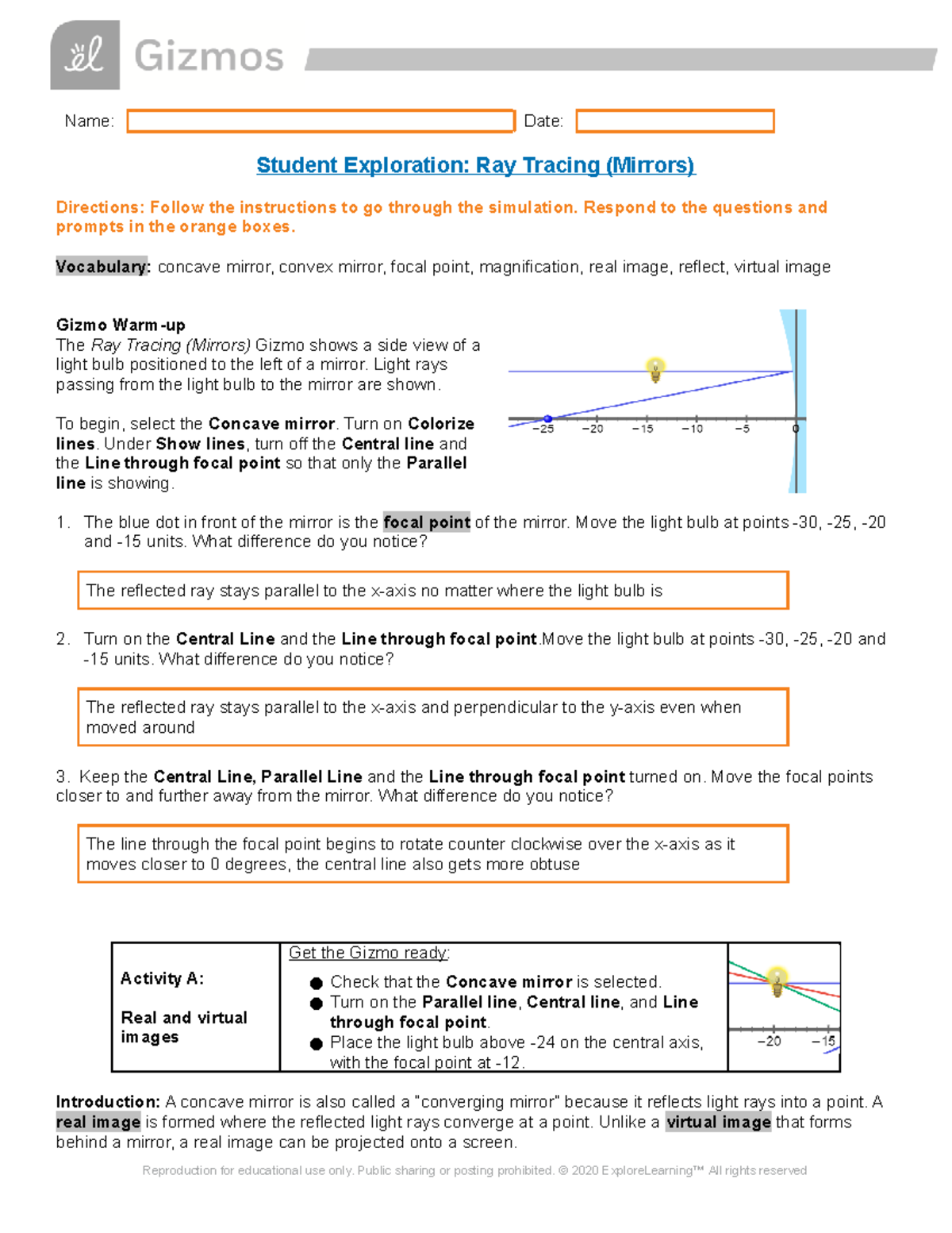 Optics Gizmos Activity - Name: Date: Student Exploration: Ray Tracing ...