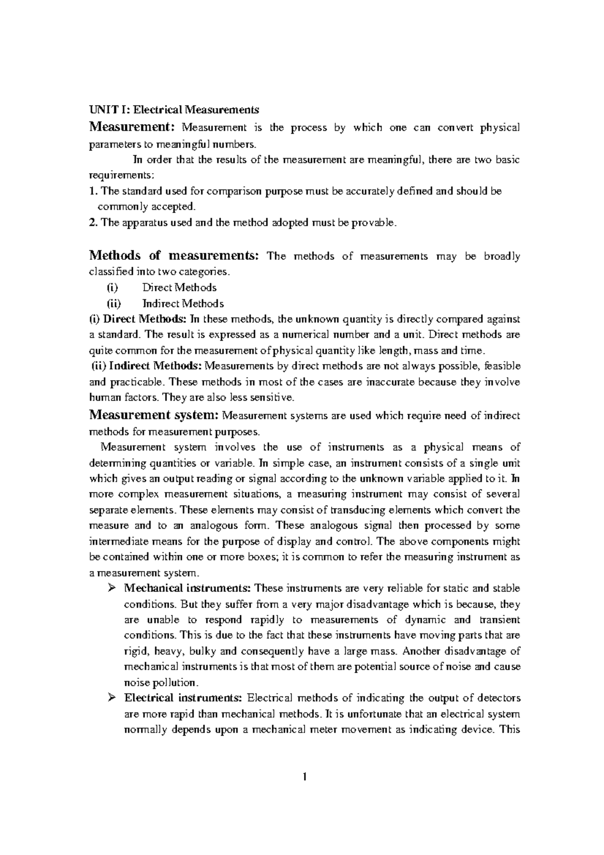 EMI unit 1 - Notes - UNIT I: Electrical Measurements Measurement ...