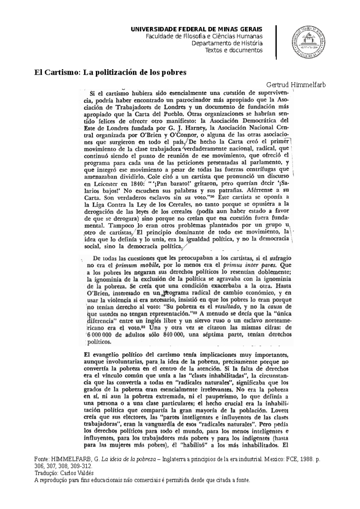 Himmelfarb El Cartismo (selección) - Historia general - UNIVERSIDADE ...