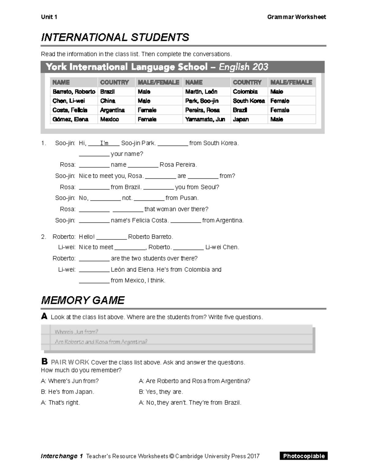 Interchange 5th Ed Level 1 Unit01 Grammar Worksheet - Unit 1 Grammar Worksheet INTERNATIONAL ...