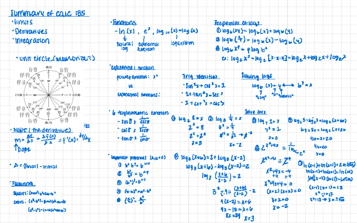 Calculus - summary of calc 135 · limits · Functions Properties of loas ...