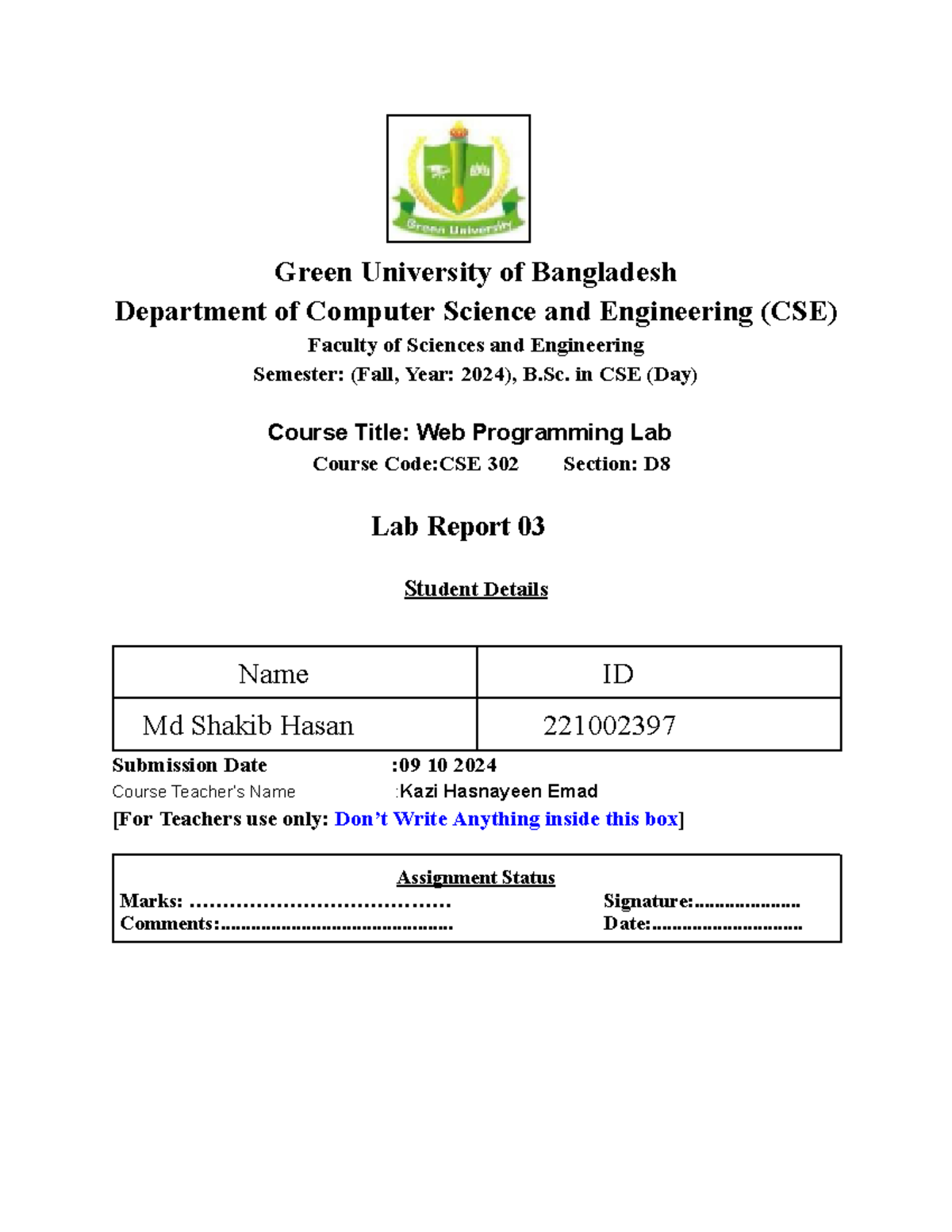 Web Lab Report 03 - Green University of Bangladesh Department of Computer Science and ...