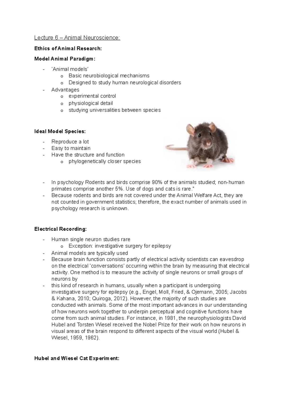 6 - Animal Neuroscience - Lecture 6 – Animal Neuroscience: Ethics of ...
